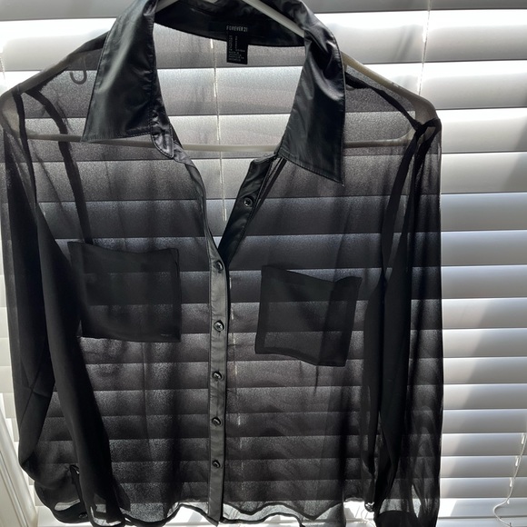 Tops | Black See Through Blouse Pleather Trim | Poshmark
